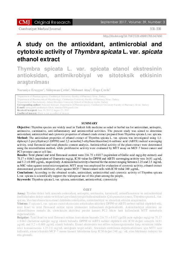 (PDF) A study on the antioxidant, antimicrobial and cytotoxic activity of Thymbra spicata L. var ...