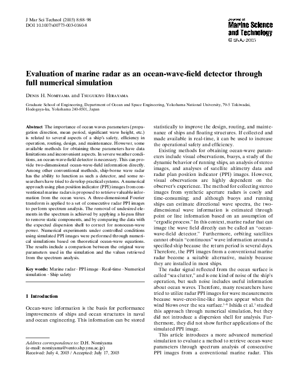 Pdf Evaluation Of Marine Radar As An Ocean Wave Field Detector