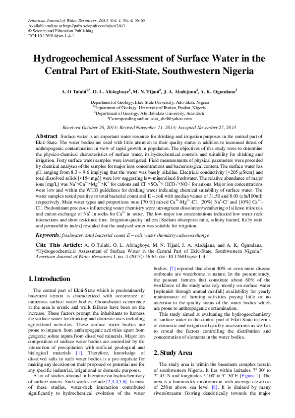 (PDF) Hydrogeochemical Assessment of Surface Water in the Central Part of Ekiti-State ...