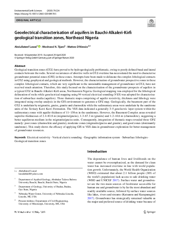(PDF) Geoelectrical characterisation of aquifers in Bauchi-Alkaleri ...