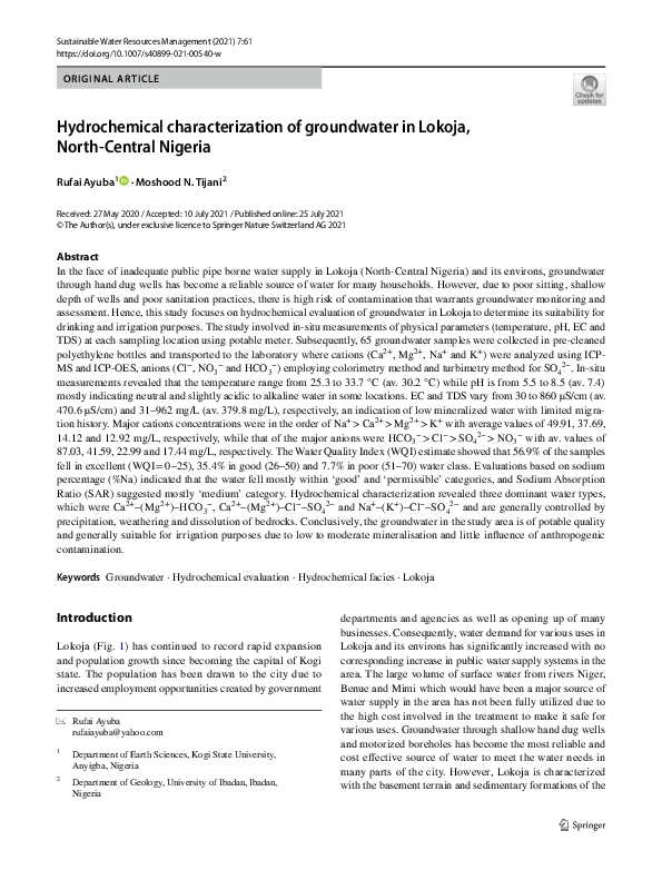 (PDF) Hydrochemical characterization of groundwater in Lokoja, North-Central Nigeria