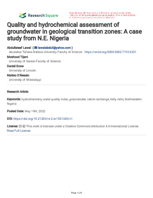 (PDF) Quality and hydrochemical assessment of groundwater in geological transition zones: A case ...