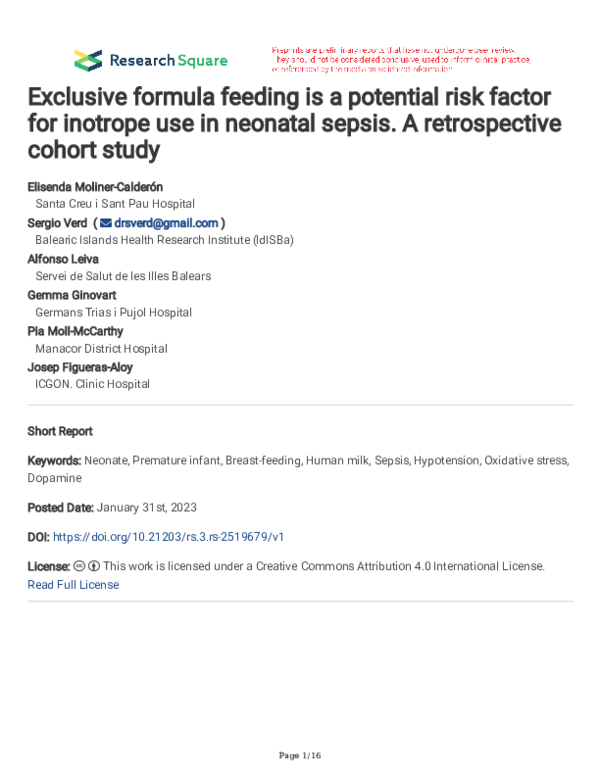 (PDF) Exclusive formula feeding is a potential risk factor for inotrope ...