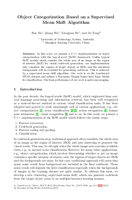 (PDF) Object Categorization Based on a Supervised Mean Shift Algorithm | Xiangjian He - Academia.edu