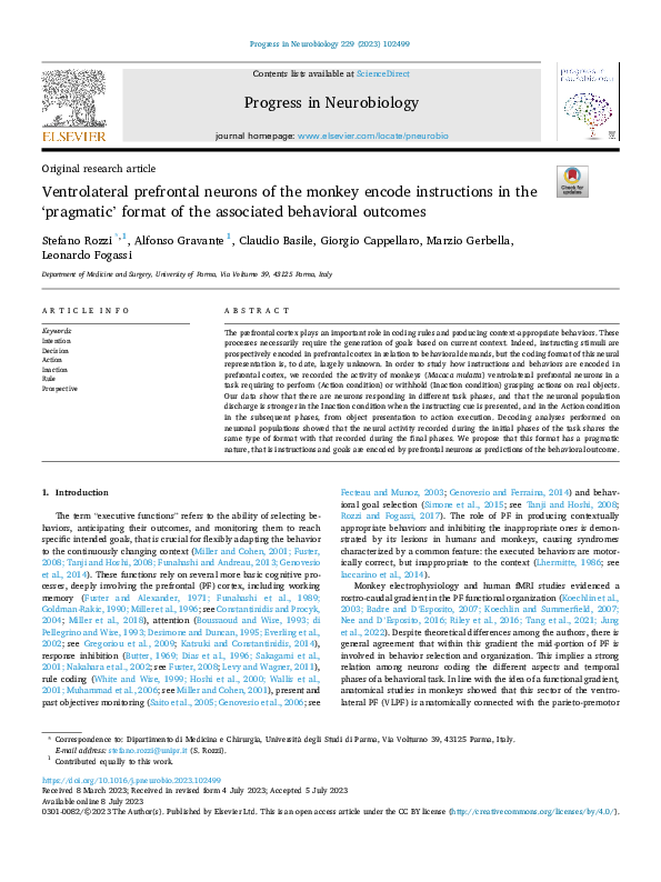 (PDF) Ventrolateral Prefrontal Neurons of the Monkey Encode Instructions in the ‘Pragmatic ...