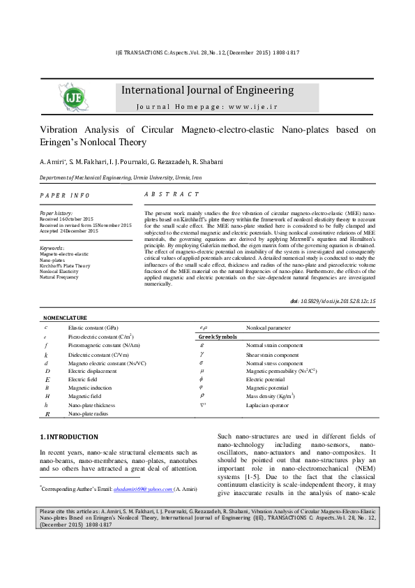 Pdf Vibration Analysis Of Circular Magneto Electro Elastic Nano Plates Based On Eringen S