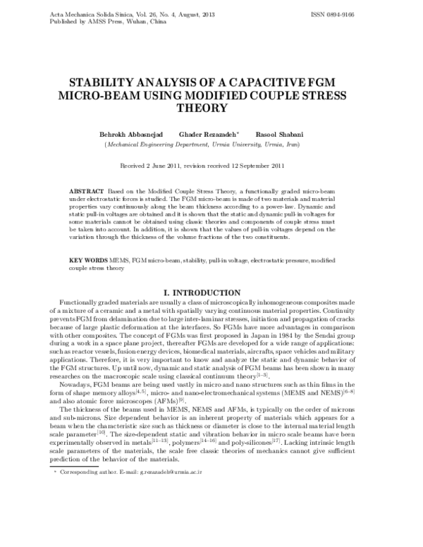 (PDF) Stability analysis of a capacitive fgm micro-beam using modified ...