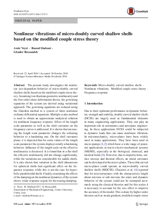 (PDF) Nonlinear vibrations of micro-doubly curved shallow shells based on the modified couple ...