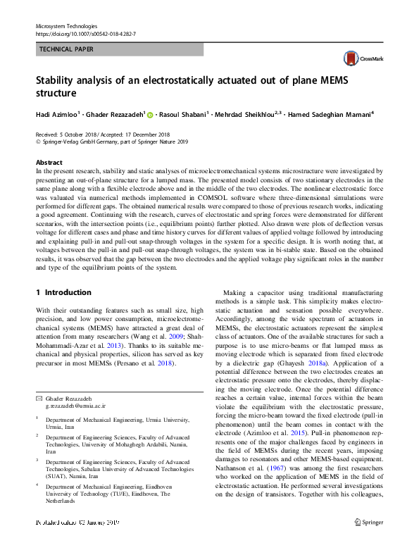 (PDF) Stability analysis of an electrostatically actuated out of plane MEMS structure