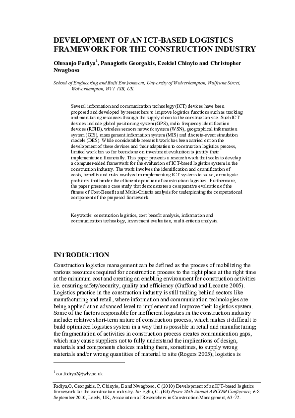 (PDF) Development of an Ict-Based Logistics Framework for the Construction Industry