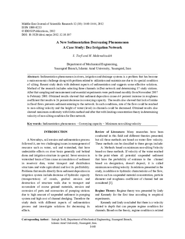 (PDF) A New Sedimentation Decreasing Phenomenon A Case Study: Dez Irrigation Network | Sadegh ...