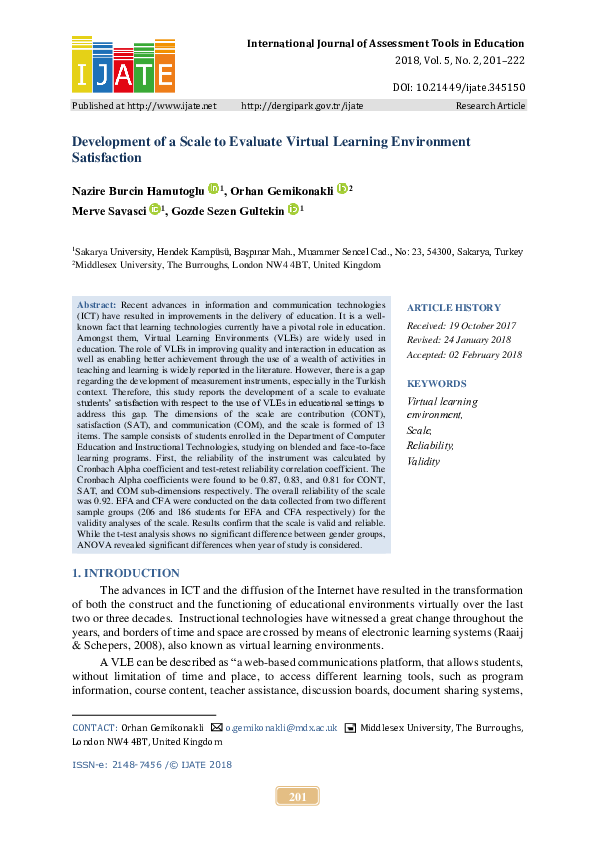 (PDF) Development of a Scale to Evaluate Virtual Learning Environment Satisfaction