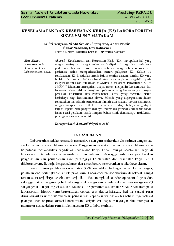 (PDF) Keselamatan Dan Kesehatan Kerja (K3) Laboratorium Siswa SMPN 7 ...