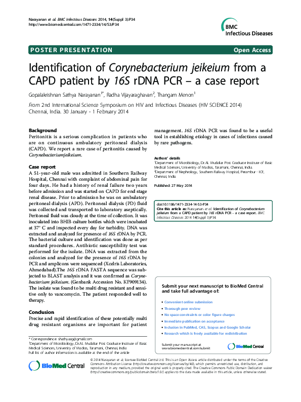 (PDF) Identification of Corynebacterium jeikeium from a CAPD patient by ...