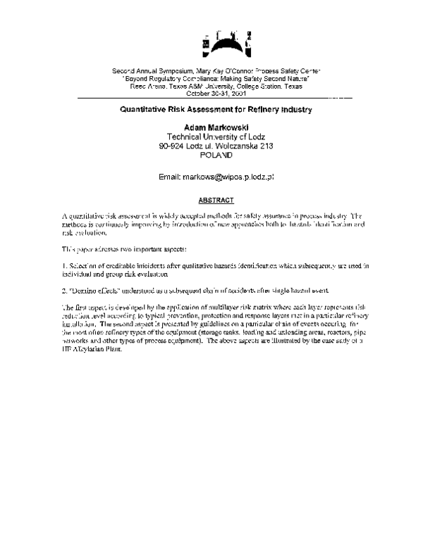 (PDF) Quantitative Risk Assessment for Refinery Industry