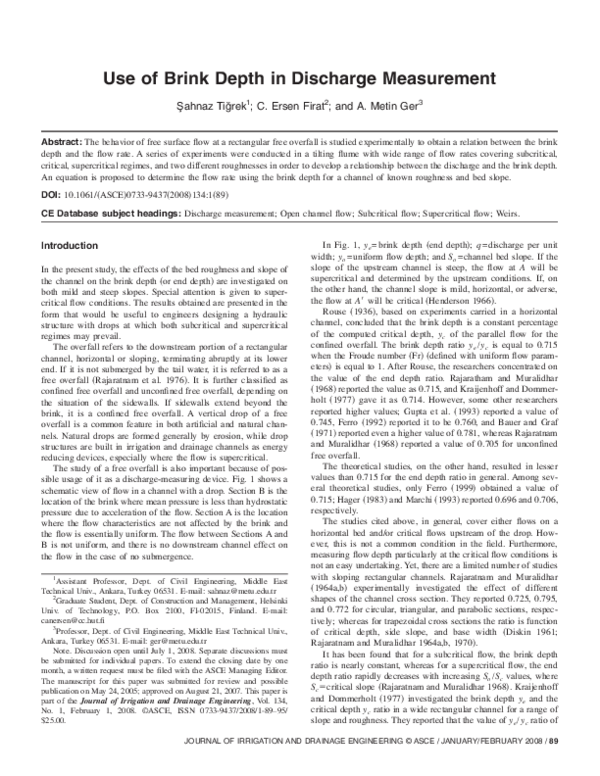 (PDF) Use of Brink Depth in Discharge Measurement