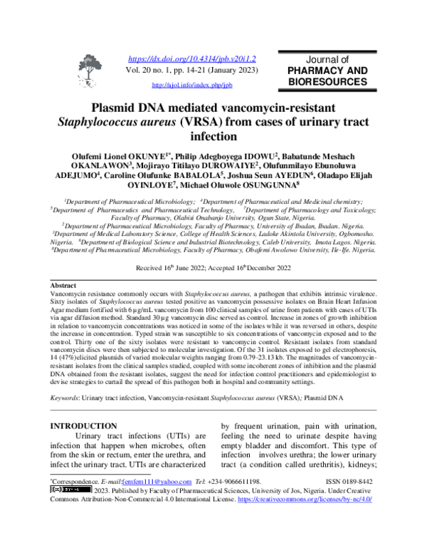 Pdf Plasmid Dna Mediated Vancomycin Resistant Staphylococcus Aureus Vrsa From Cases Of