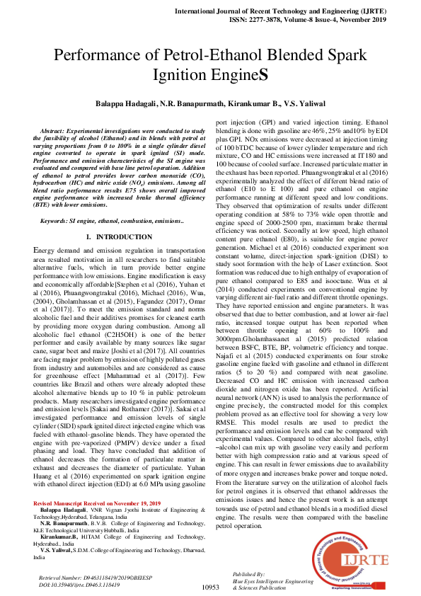 (PDF) Performance of Petrol-Ethanol Blended Spark Ignition Engines