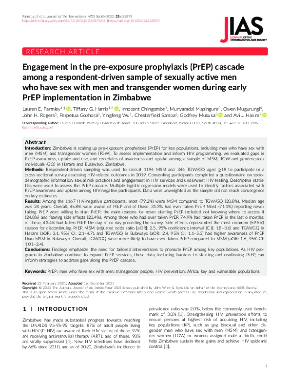 (PDF) Engagement in the pre‐exposure prophylaxis (PrEP) cascade among a ...