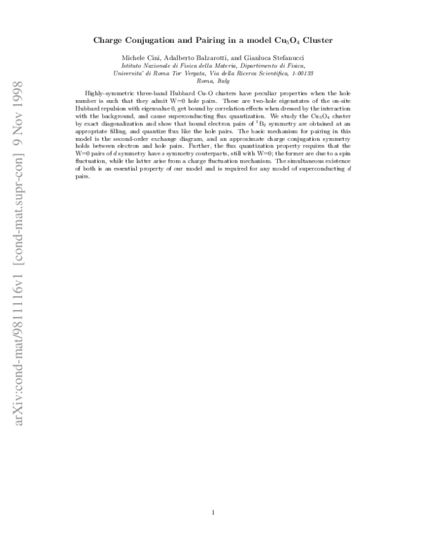 (PDF) Charge Conjugation and Pairing in a model Cu$_{5}$O$_{4}$ Cluster