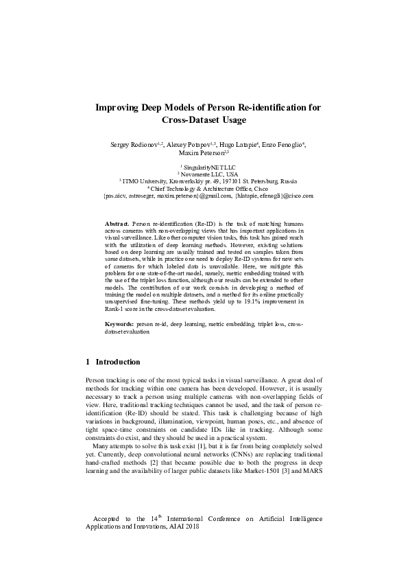 (PDF) Improving Deep Models of Person Re-identification for Cross-Dataset Usage | Enzo Fenoglio ...