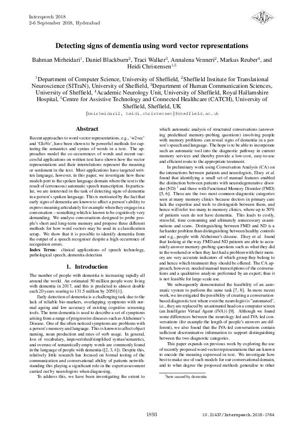 (PDF) Detecting Signs of Dementia Using Word Vector Representations