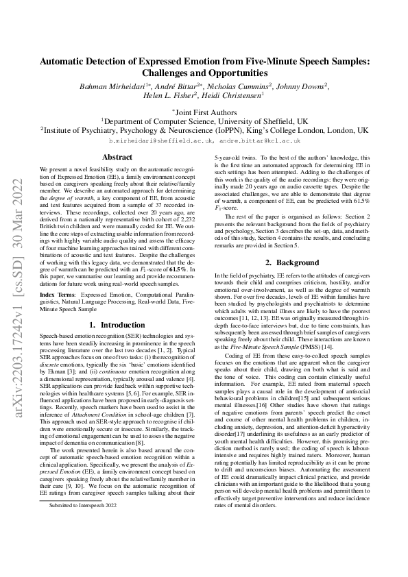 (PDF) Automatic Detection of Expressed Emotion from Five-Minute Speech ...