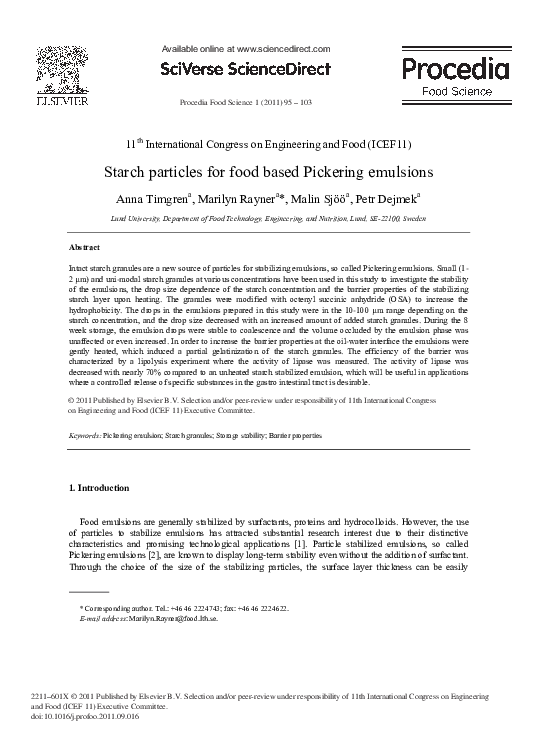 (PDF) Starch particles for food based Pickering emulsions