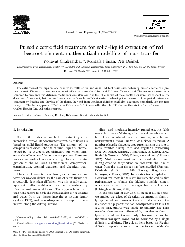 (PDF) Pulsed electric field treatment for solid–liquid extraction of red beetroot pigment ...
