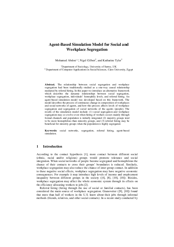 (PDF) Agent-Based Model of Social and Workplace Segregation Dynamics