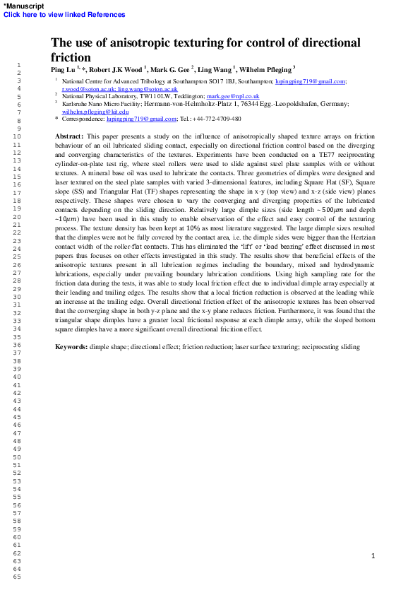(PDF) The use of anisotropic texturing for control of directional friction
