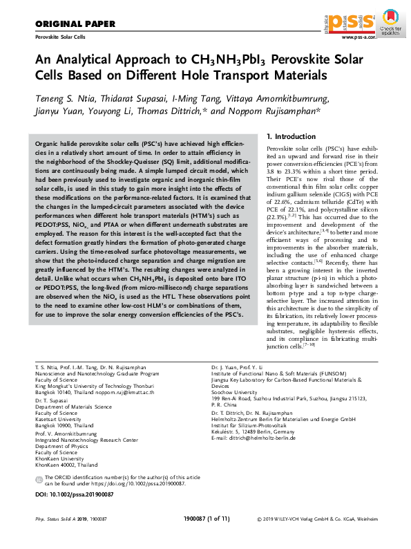 (PDF) An Analytical Approach to CH3NH3PbI3 Perovskite Solar Cells Based on Different Hole ...