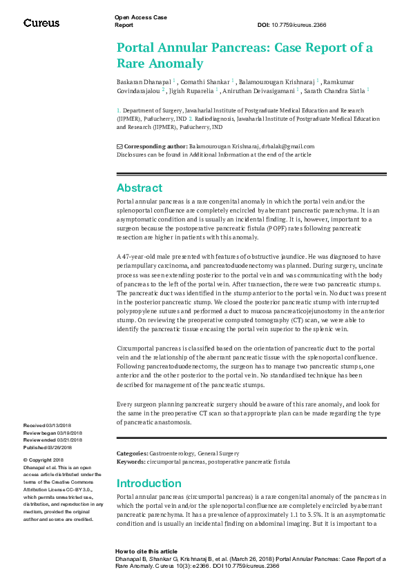 (PDF) Portal Annular Pancreas: Case Report of a Rare Anomaly