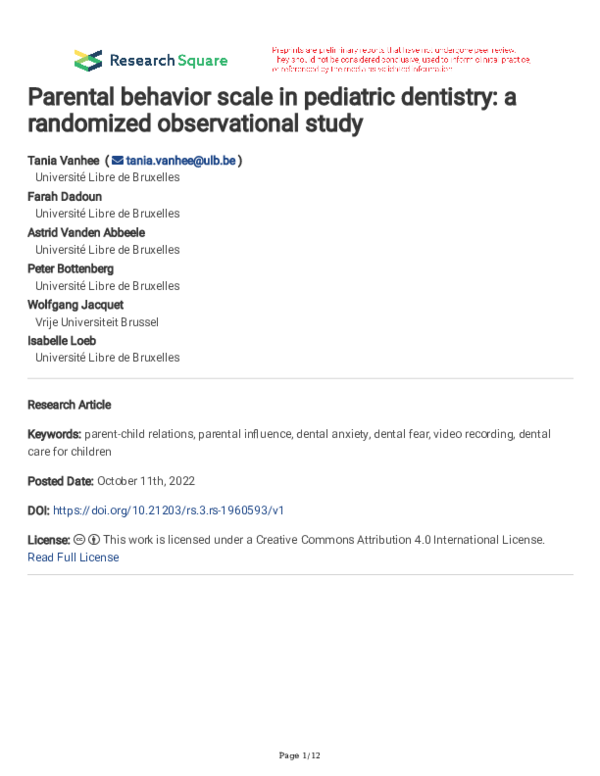 (PDF) Parental behavior scale in pediatric dentistry: a randomized ...