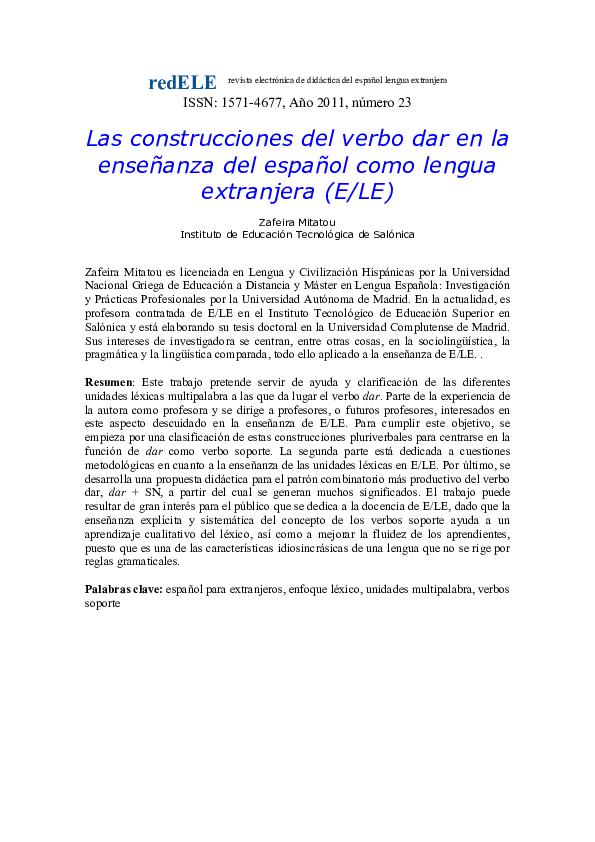 (PDF) Las construcciones del verbo dar en la enseñanza del español como ...