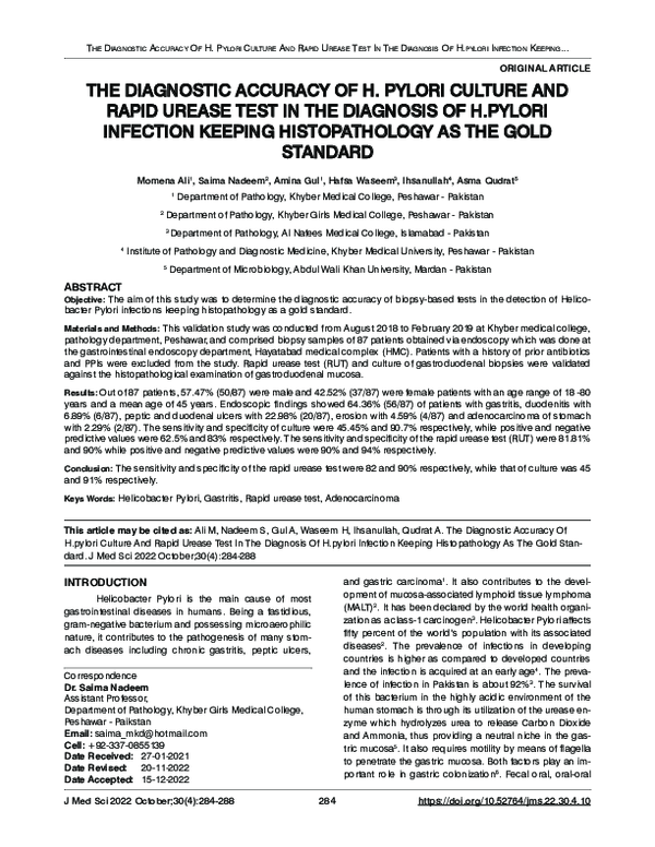 (PDF) The Diagnostic Accuracy of H. Pylori Culture and Rapid Urease ...