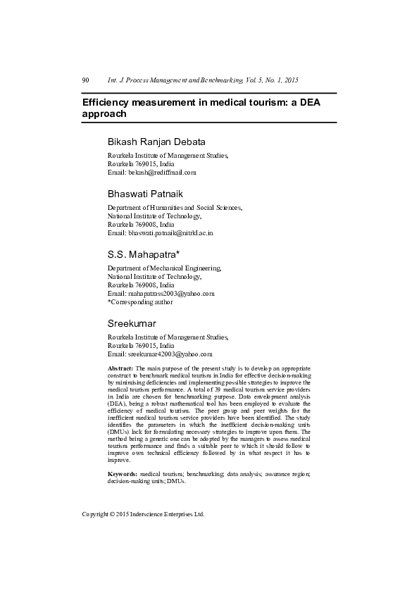 (PDF) Efficiency measurement in medical tourism: a DEA approach