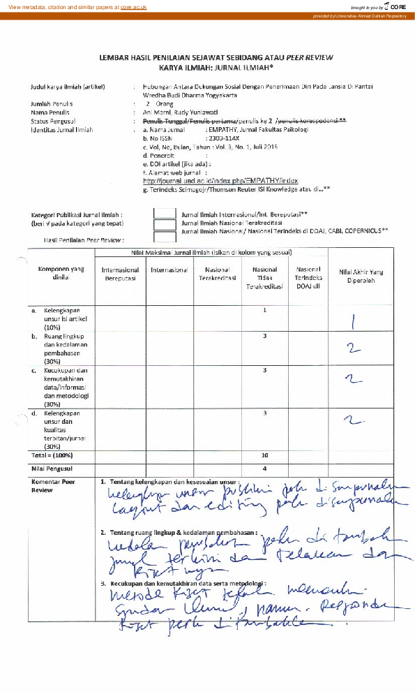 (PDF) Peer Review Karya Ilmiah "Hubungan Antara Dukungan Sosial Dengan Penerimaan Diri Pada ...