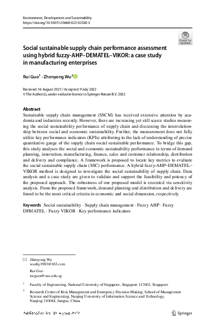 (PDF) Social sustainable supply chain performance assessment using hybrid fuzzy-AHP–DEMATEL ...