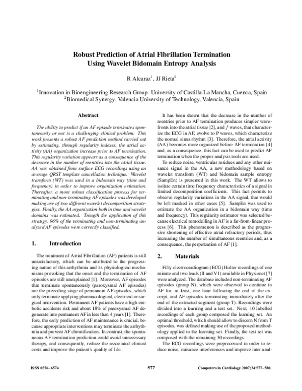 Pdf Robust Prediction Of Atrial Fibrillation Termination Using Wavelet Bidomain Entropy