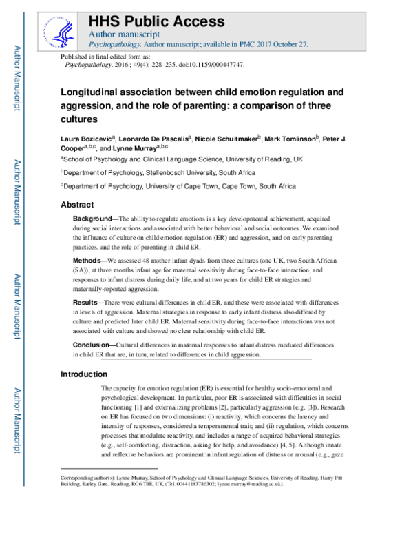(PDF) Longitudinal Association between Child Emotion Regulation and Aggression, and the Role of ...