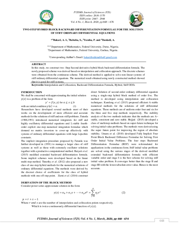 Pdf Two Step Hybrid Block Backward Differentiation Formulae For The Solution Of Stiff Ordinary