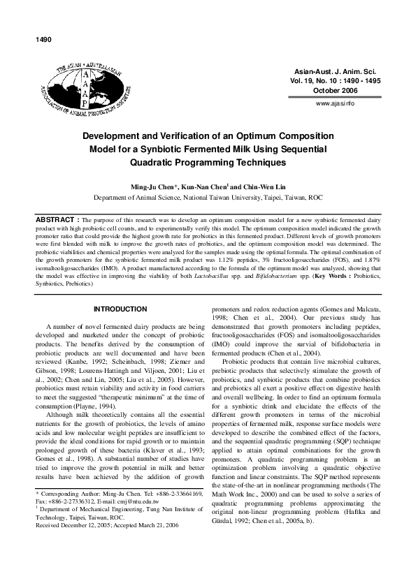 (PDF) Development and Verification of an Optimum Composition Model for a Synbiotic Fermented ...