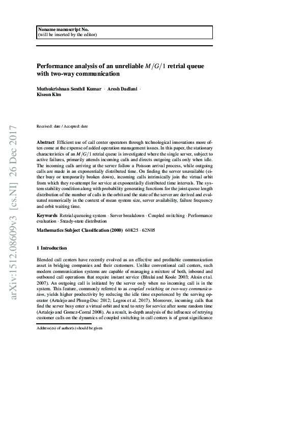 (PDF) Performance analysis of an unreliable M/G/1 retrial queue with two-way communication ...