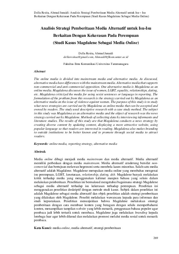 (PDF) Analisis Strategi Pemberitaan Media Alternatif untuk Isu-Isu Berkaitan Dengan Kekerasan ...