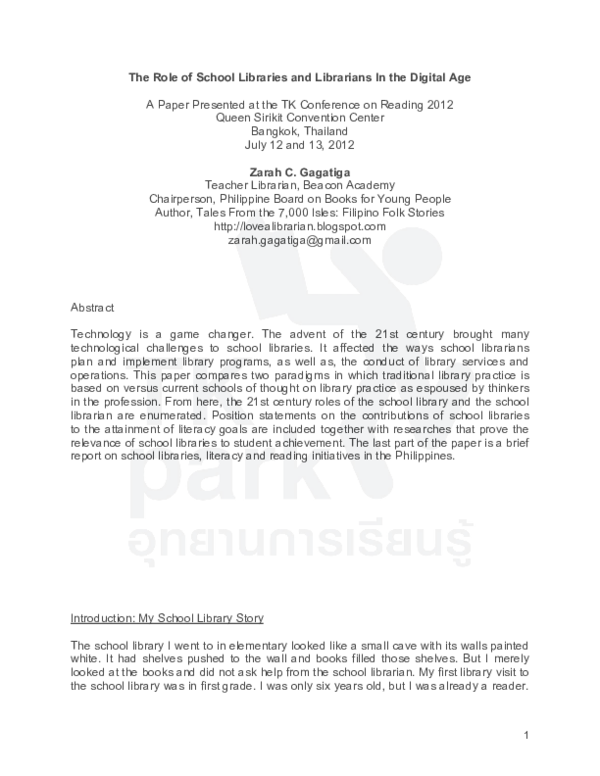 (PDF) The Role of School Libraries and Librarians In the Digital Age