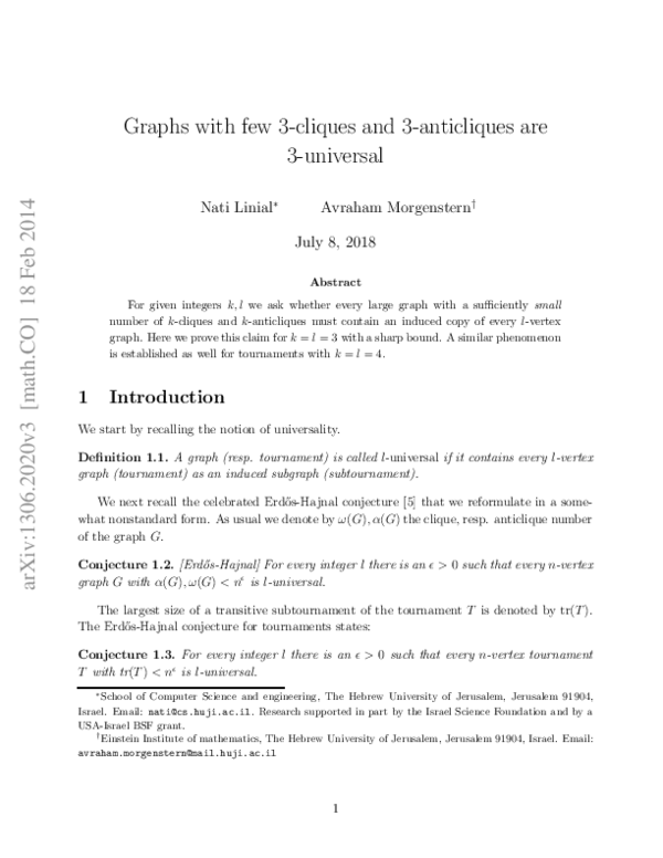 (PDF) Graphs with Few 3‐Cliques and 3‐Anticliques are 3‐Universal
