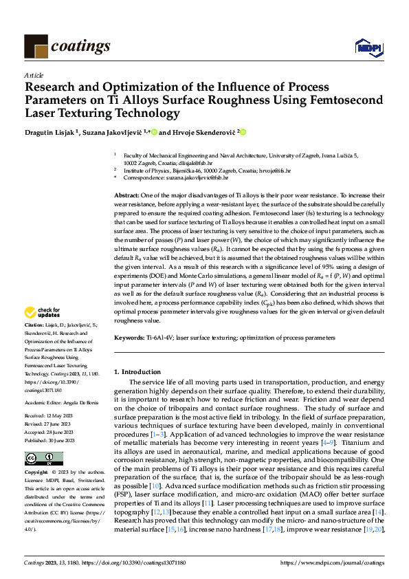 Research and Optimization of the Influence of Process Parameters on Ti Alloys Surface Roughness ...