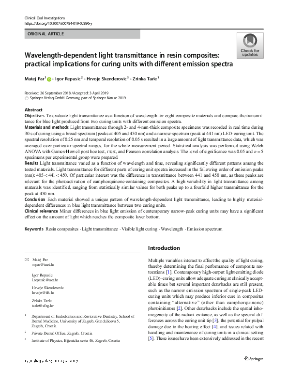 Pdf Wavelength Dependent Light Transmittance In Resin Composites