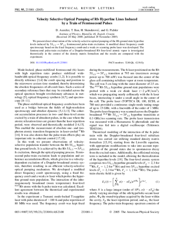 (PDF) Velocity Selective Optical Pumping of Rb Hyperfine Lines Induced ...